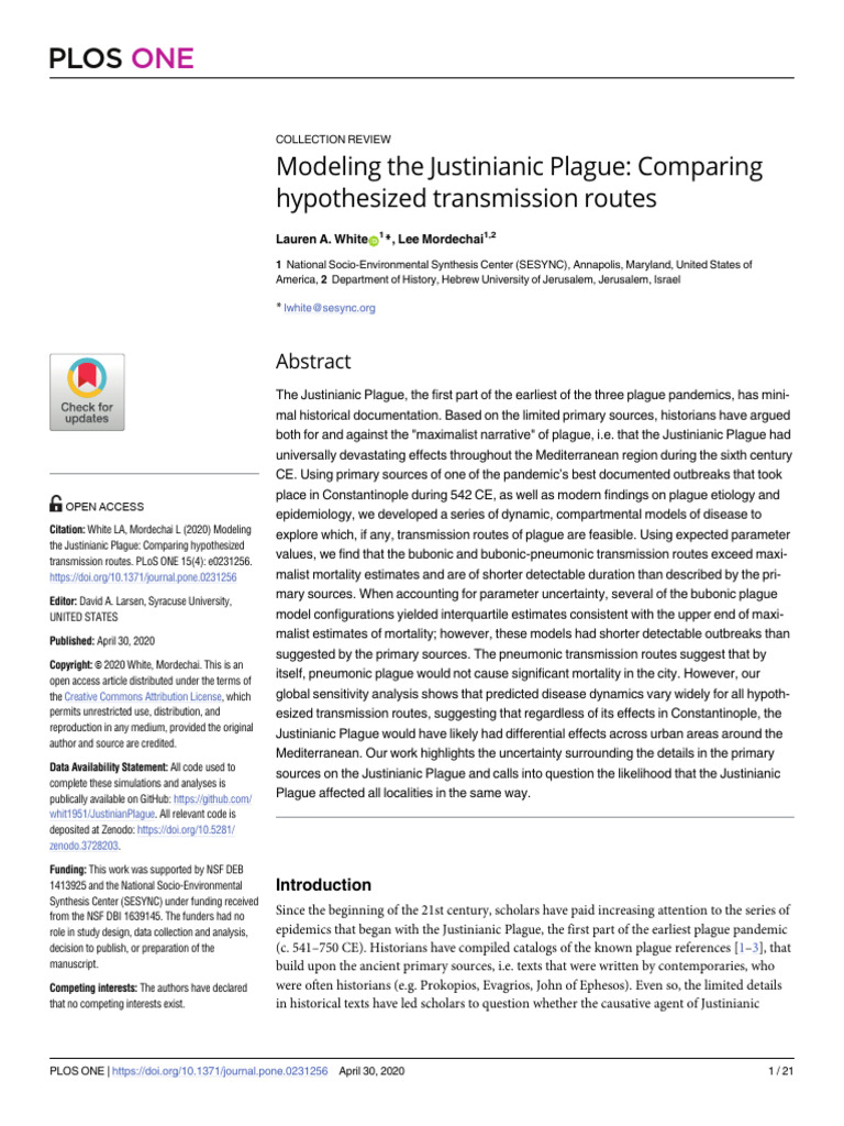 White & Mordechai 2020 - Modeling The Jusitinianic Plague Comparing ...
