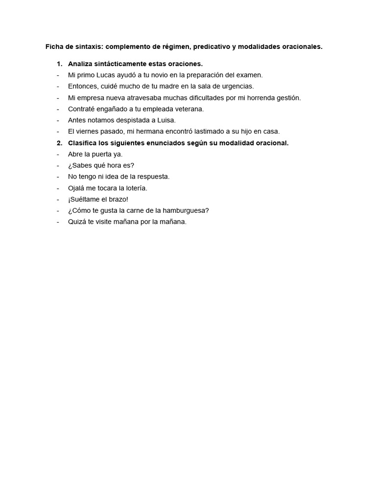 Ficha de Sintaxis_ Complemento de Régimen, Predicativo y Modalidades ...