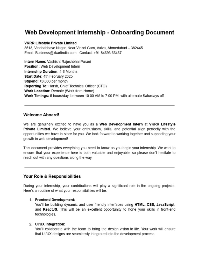 Web Development Internship - Onboarding Document (1) | PDF | Web ...