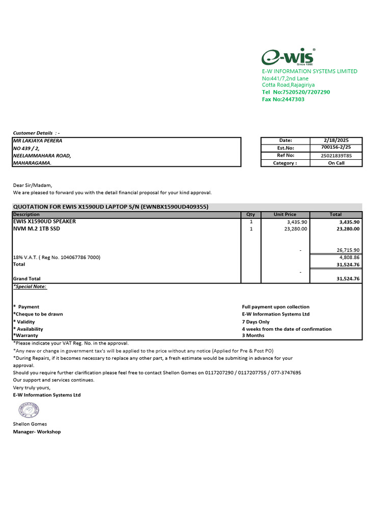 Quotation for EWIS Products | PDF | Corporate Jargon | Government Finances