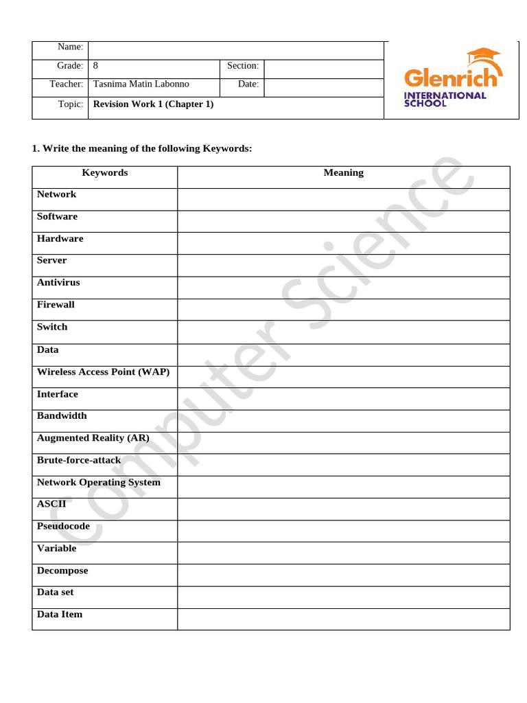 Revision Work 1 (Chapter 1) : Name: Grade: 8 Section: Teacher: Tasnima ...