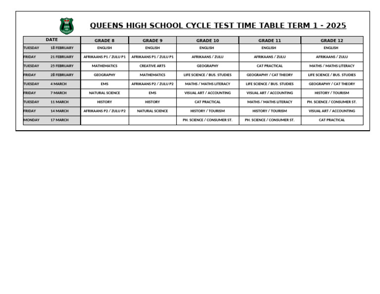 Queens High School Term 1 Timetable 2025 | PDF