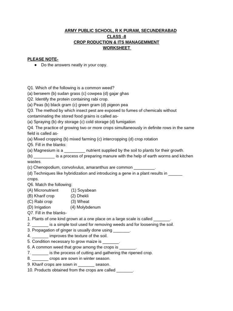 Crop Production Worksheet | PDF | Agriculture | Fertilizer