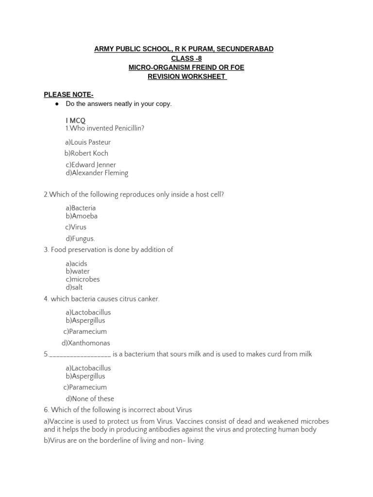Microrganism Chapter Worsheet | PDF | Microorganism | Protozoa