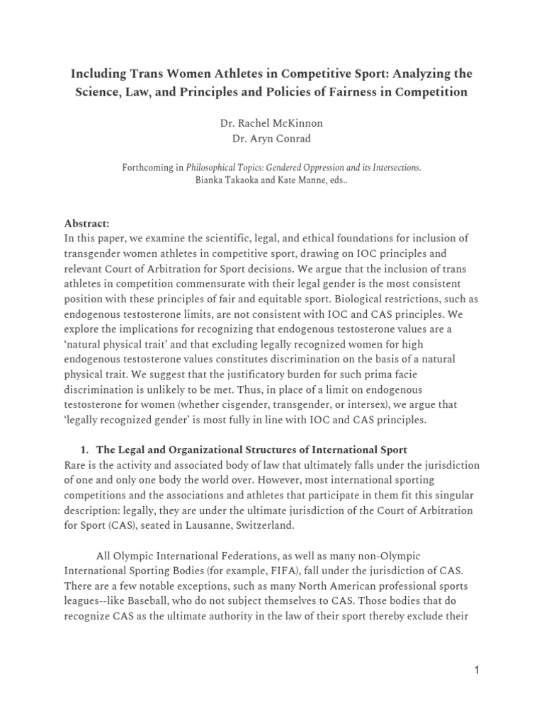 Including Trans Women Athletes in Sport - Analyzing Principles and ...