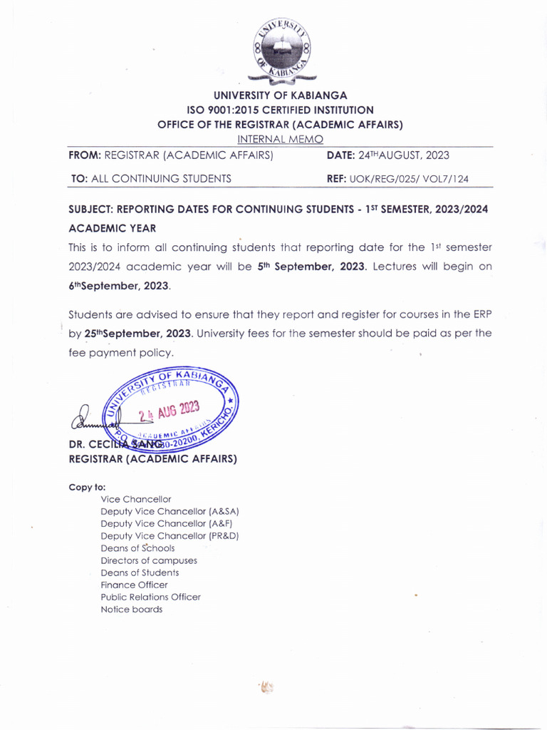 Reporting Dates for Continuing Students | PDF