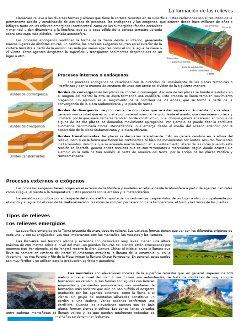 Formación y tipos de relieves terrestres | PDF | Placas tectónicas | Terreno