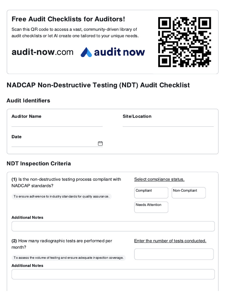 NADCAP Non-Destructive Testing (NDT) Audit Checklist | PDF