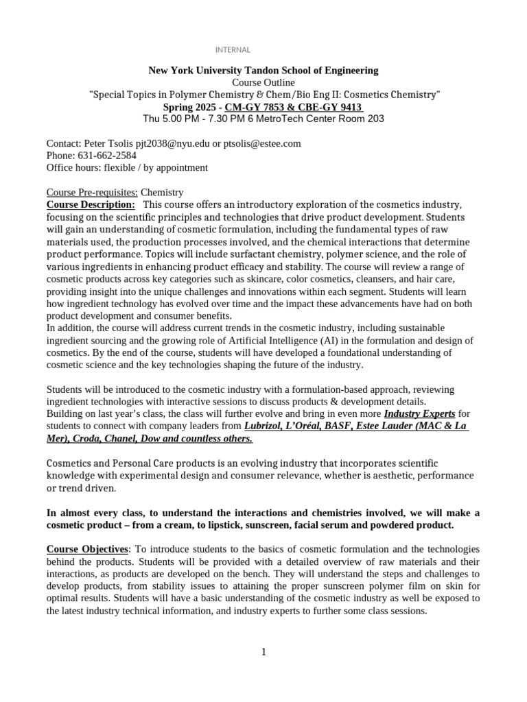Cosmetics Elective syllabus -2025 NYU | PDF | Academic Dishonesty | Cosmetics