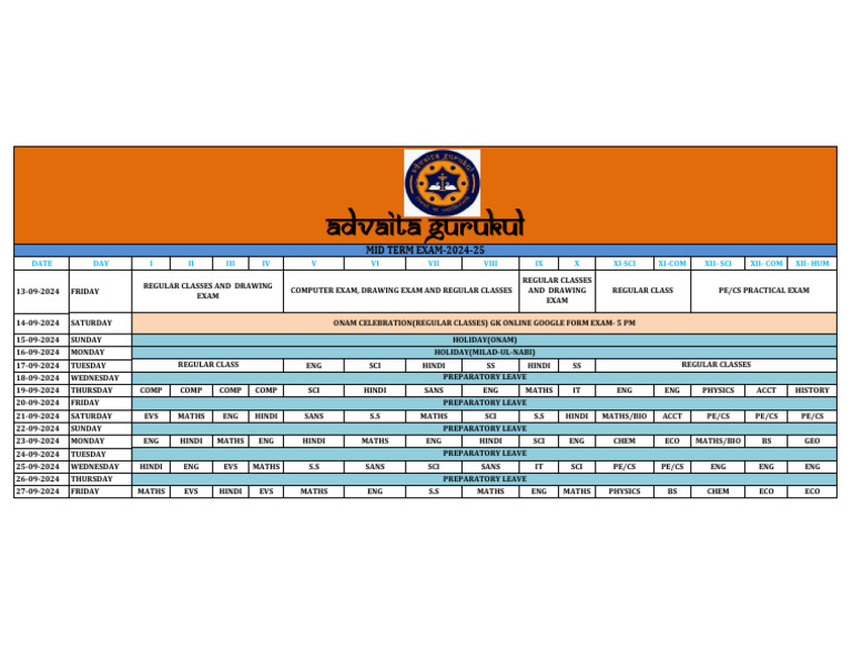 Mid-Term Exam Time Table 2024-25 | PDF