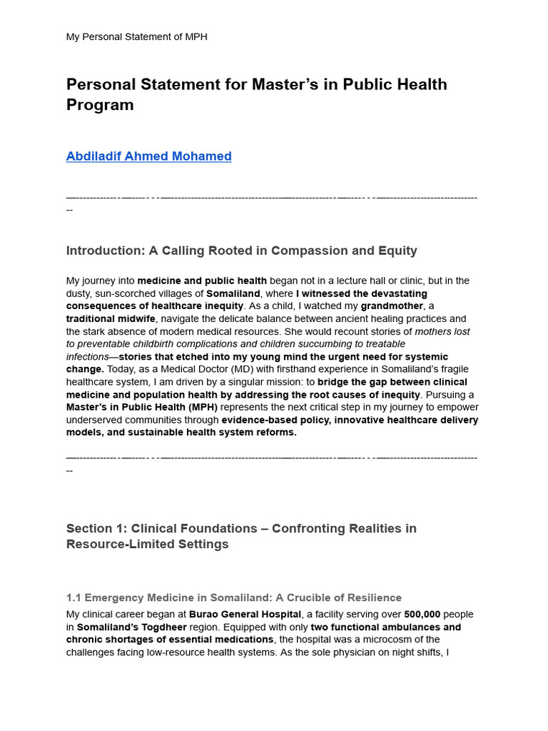 Personal Statement For Master's in Public Health Program | PDF | Maternal Death | Public Health