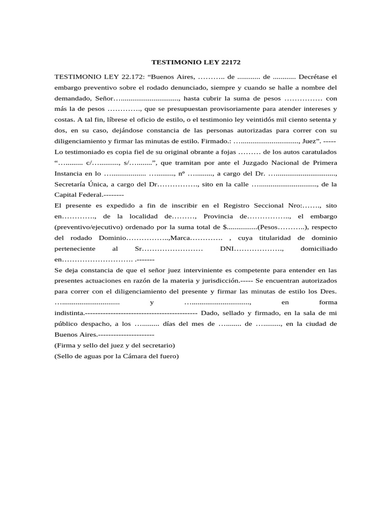 Testimonio Ley 22.172: Embargo Preventivo | PDF