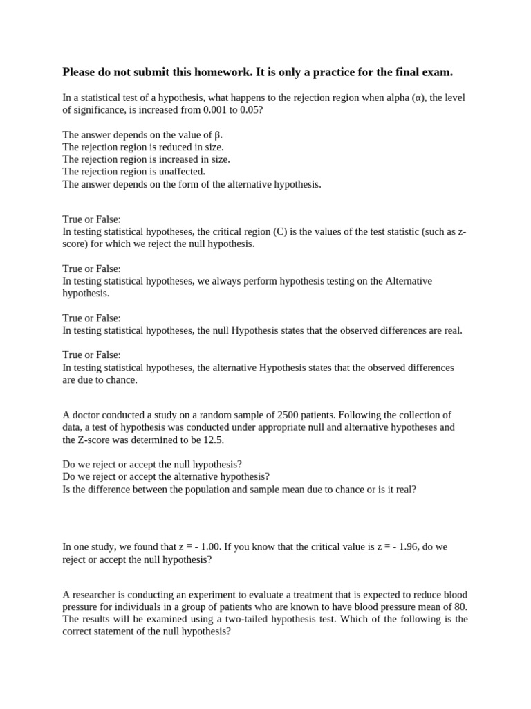 Statistics Exam Practice Guide | PDF | Hypothesis | Null Hypothesis