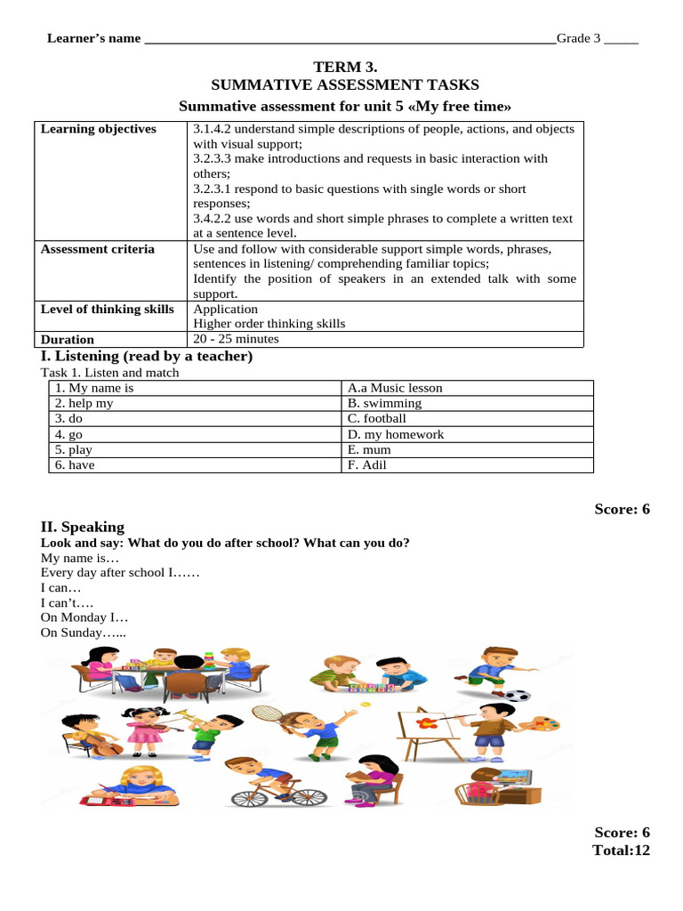 Grade 3 Summative Assessment: My Free Time | PDF | Question | Word