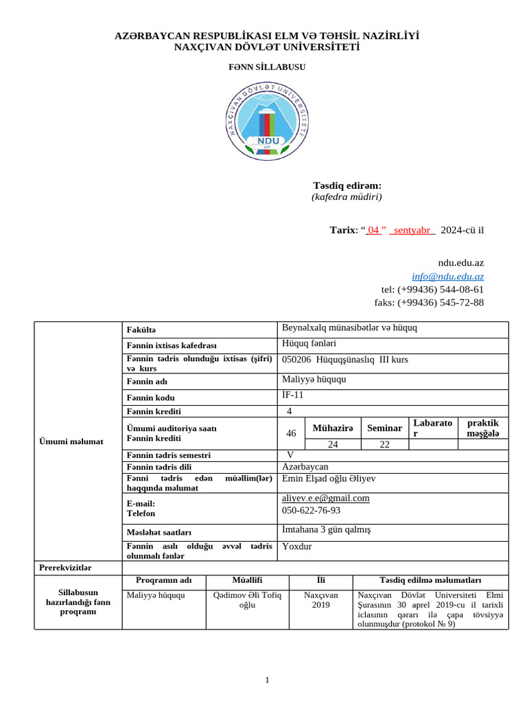 Sillabus-_Maliyye_Huququ_Yeni_2024-2025 | PDF
