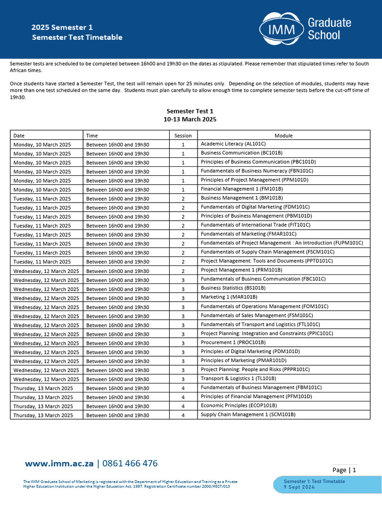 2025 Semester 1 Test Timetable | PDF | Logistics | Academic Term