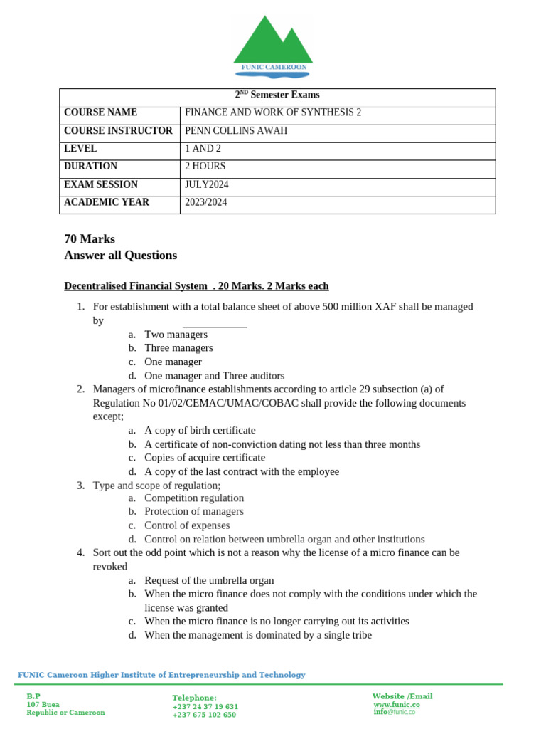 FUNIC Cameroon Finance Exam Questions | PDF | Microfinance | Private Sector