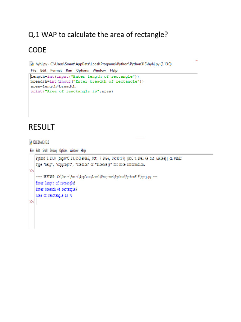 Result: Q.1 WAP To Calculate The Area of Rectangle? Code | PDF