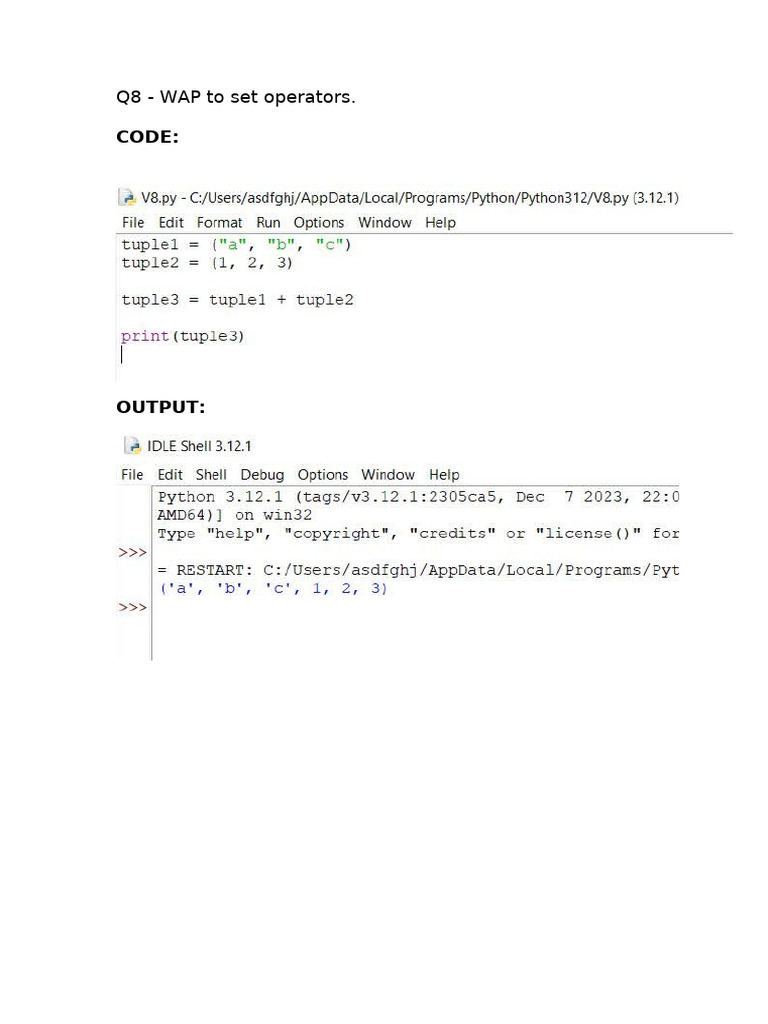 Code:: Q8 - WAP To Set Operators | PDF