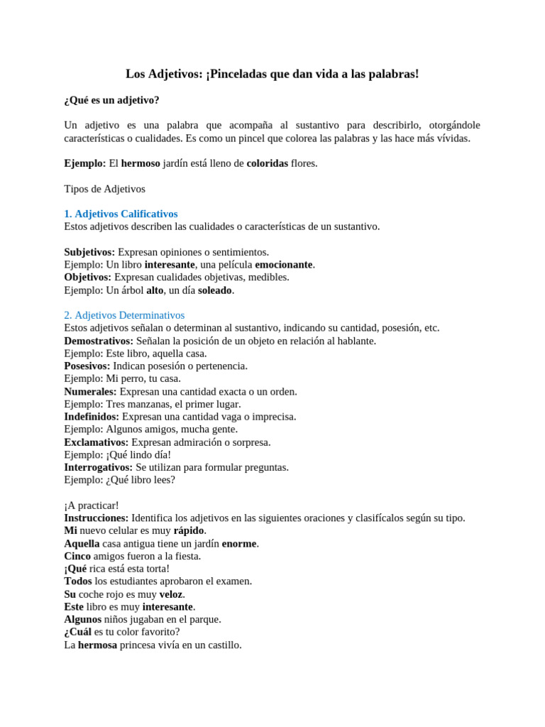 Tipos de Adjetivos y Ejemplos Prácticos | PDF