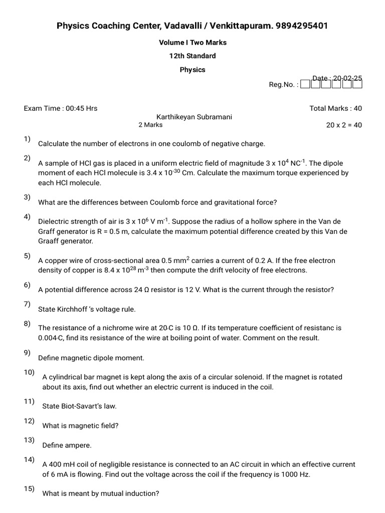 12th Grade Physics Exam Prep | PDF | Inductance | Inductor