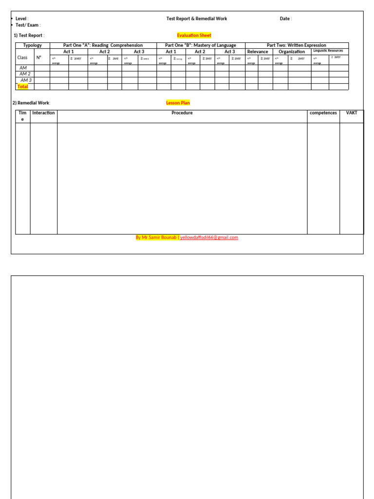 Test Report & Remedial Work - Evaluation Sheet by Teacher Samir Bounab ...
