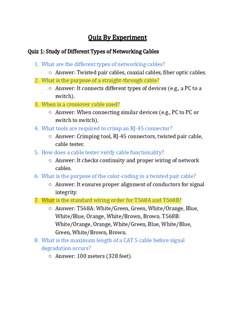 Networking Quizzes: Cables, Devices, IPs | PDF | Ip Address | Computer ...