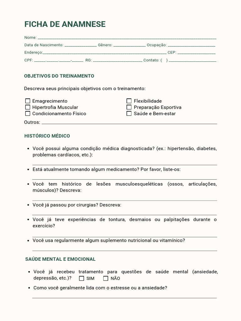FICHA DE ANAMNESE | PDF | Ansiedade | Medicina Clínica