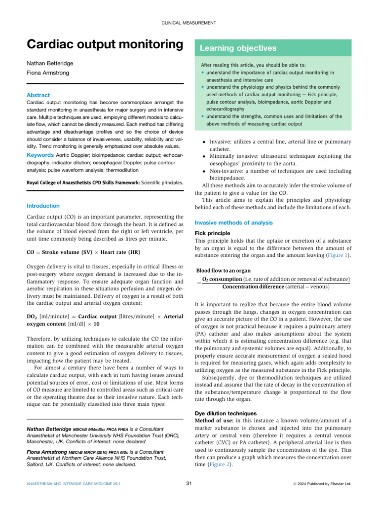 Cardiac Output Monitoring | PDF | Aorta | Blood Pressure