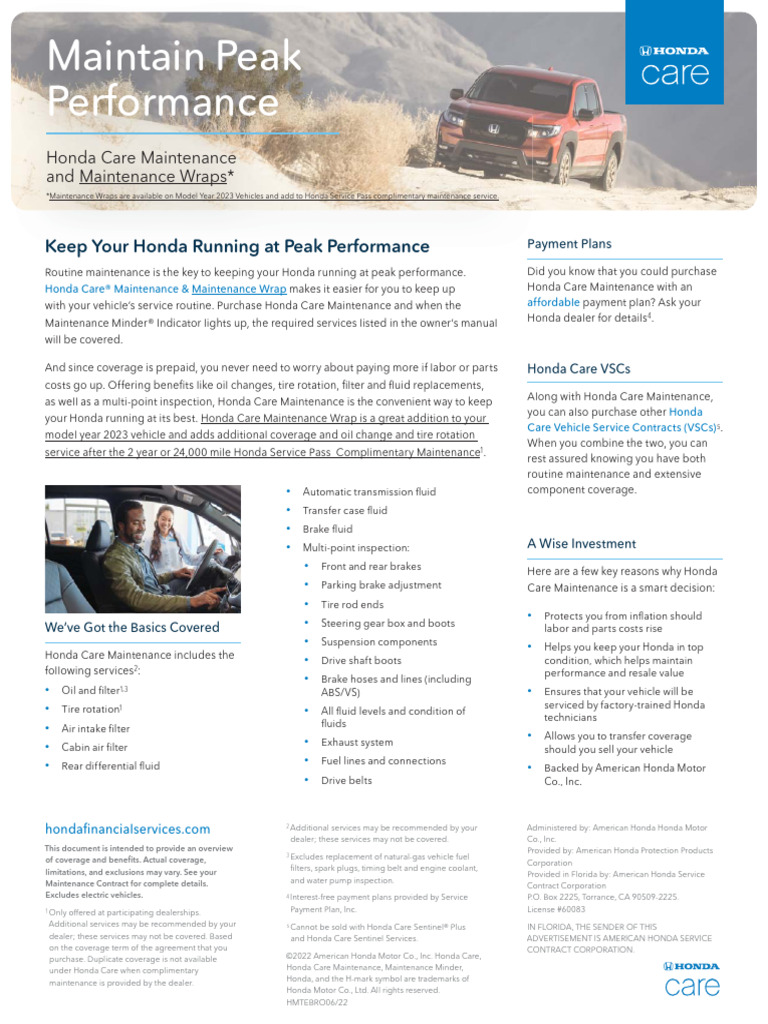 Honda Care Maintenance Overview | PDF | Vehicles | Brake