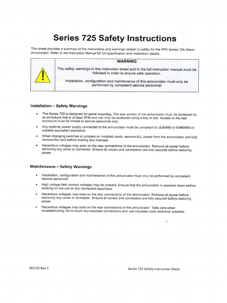 Series 725 Safety Instructions | PDF