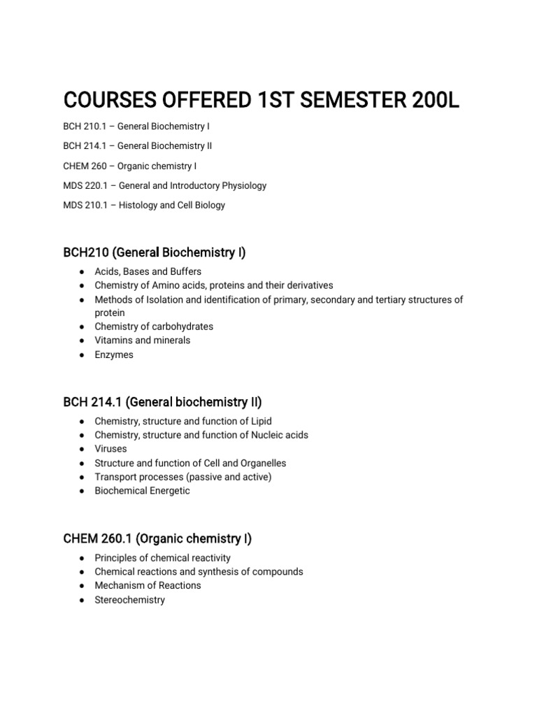 (1st Semester) 200L - 400L Course Outline | PDF | Endocrine System | Biochemistry