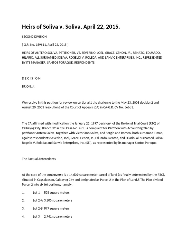 Heirs of Soliva Land Partition Case | PDF | Mortgage Law | Inheritance