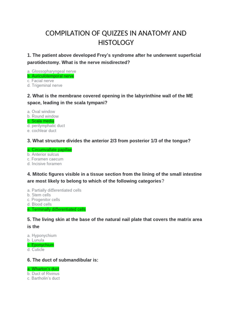 Anatomy and Histology Quiz Compilation | PDF | Vertebral Column | Vertebra