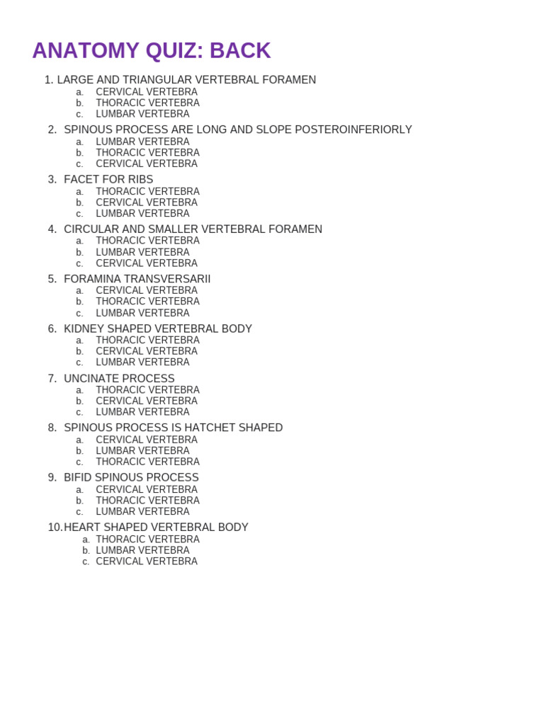 Anatomy Finals Quiz 1 Back No Answers | PDF