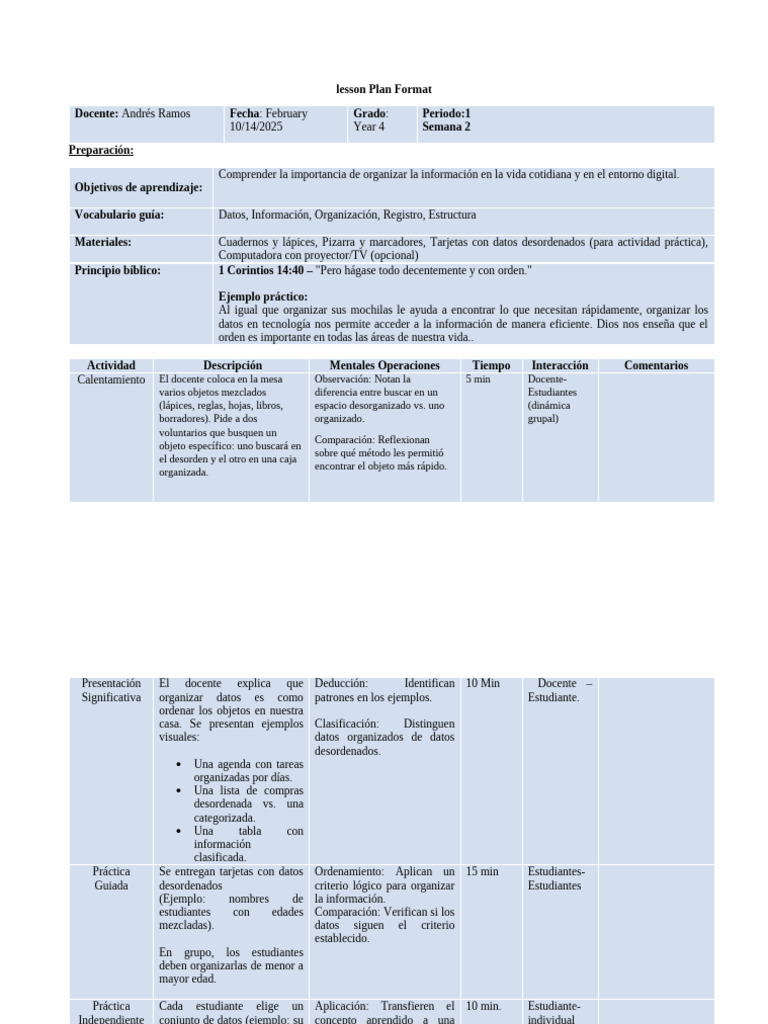 Plan de Lección: Organización de Datos | PDF | Datos | Maestros