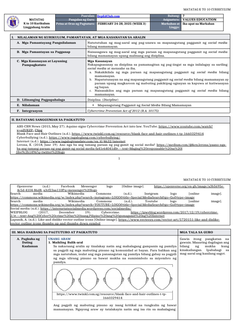 DLL Matatag - Values Education 7 Q4 W3 | PDF