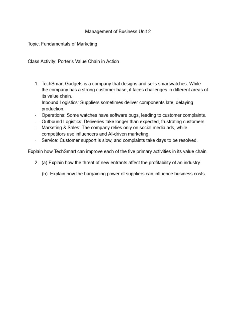 Porter’s Value Chain Class Activity | PDF
