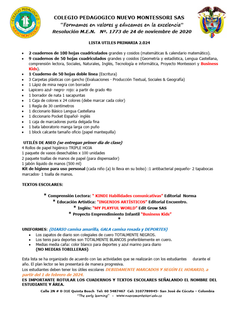 Lista de Útiles Escolares 2024 Montessori | PDF