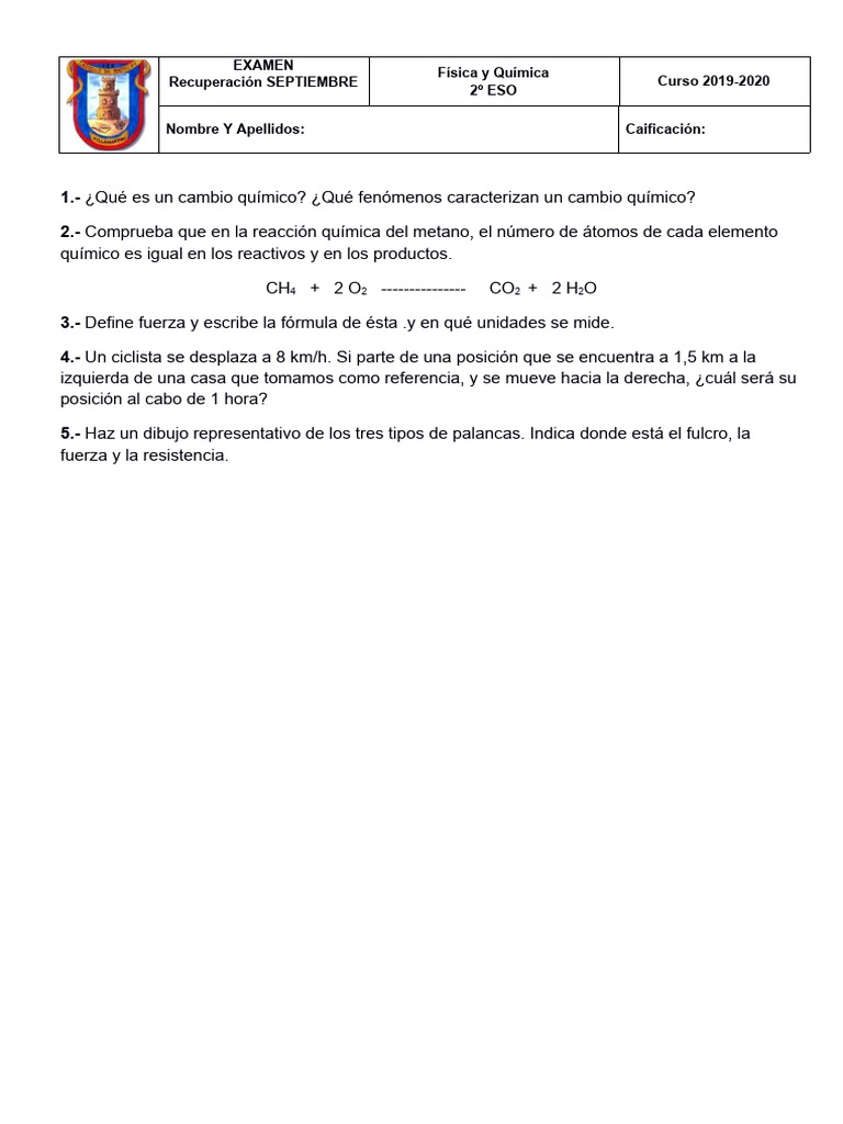 Examen recuperación SEPTIEMBRE FyQ 2ºESO, 2 | PDF