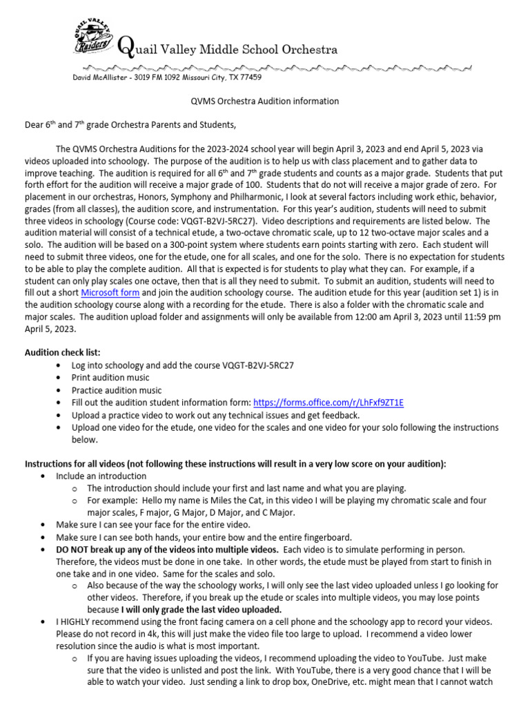 QVMS Orchestra Audition Details 2023-2024 | PDF | Tempo | Video