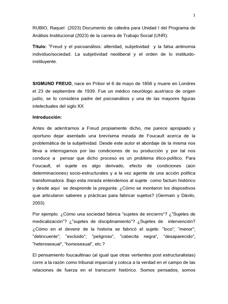 Ficha de Catedra Rubio Raquel Unidad I Freud | PDF | Psicoanálisis ...