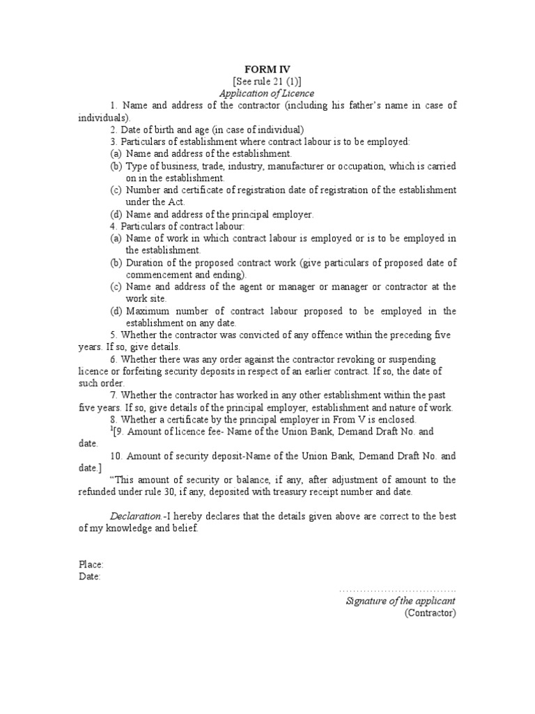 Contract Labour FORM IV | PDF