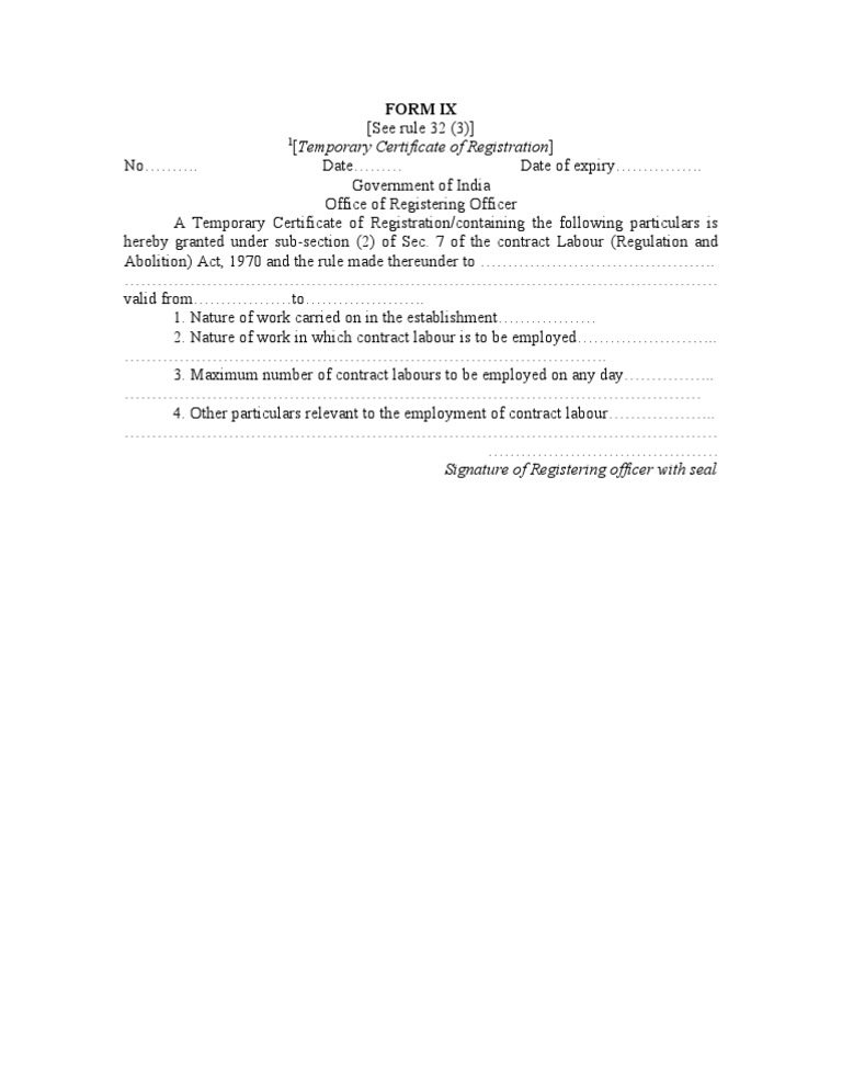 Contract Labour FORM IX | PDF