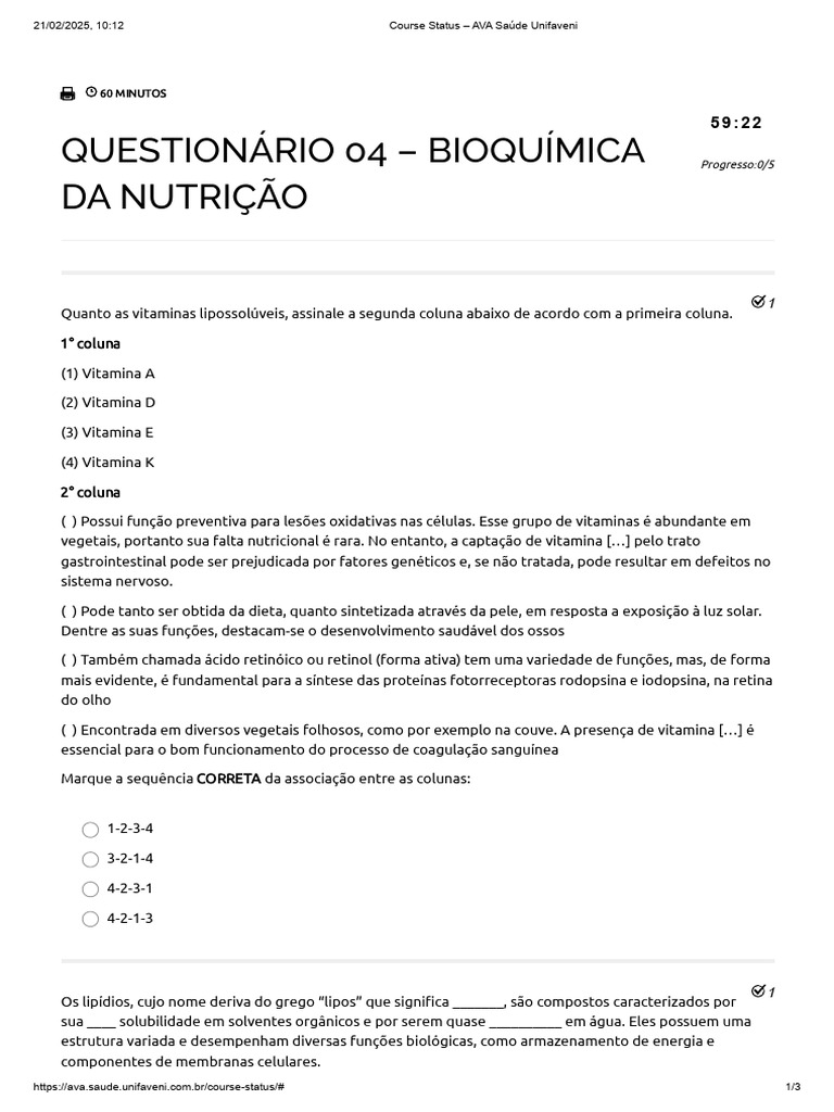 Questionário sobre Vitaminas e Lipídios | PDF | Gordura | Substancias ...