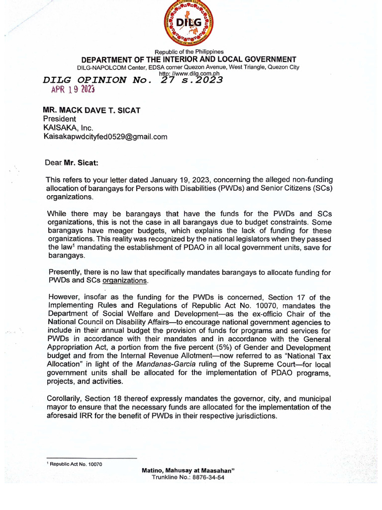 DILG Legal Opinion On PWD Budget in BLGU | PDF