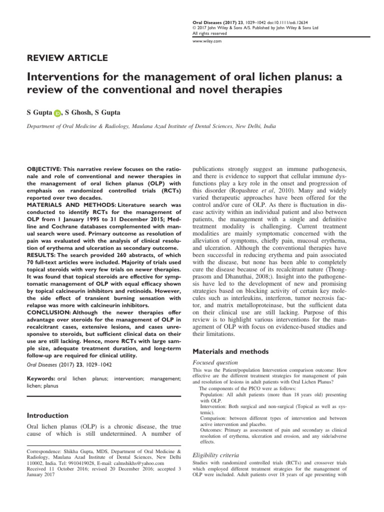 Oral Diseases - 2017 - Gupta - Interventions For The Management of Oral Lichen Planus A Review ...