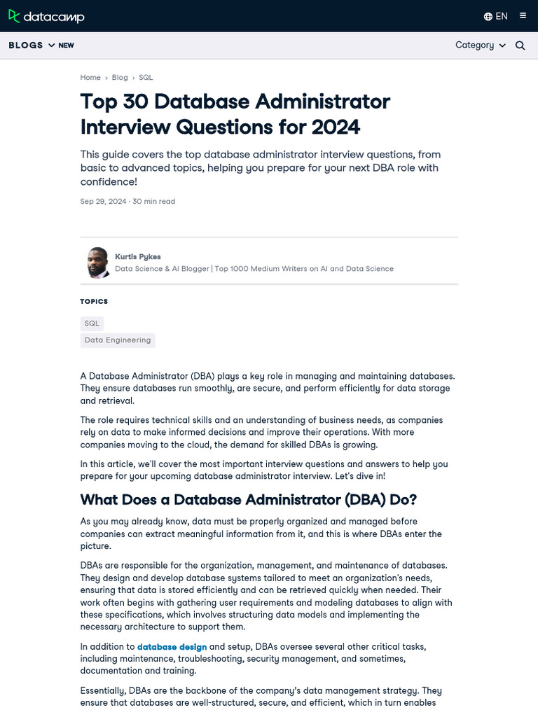 Top 30 Database Administrator Interview Questions For 2024 - Datacamp | PDF | Database Index ...