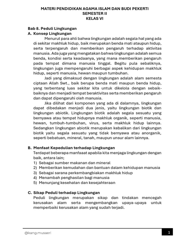 Materi PAI & BP Kelas VI Bab 8. Peduli Lingkungan | PDF
