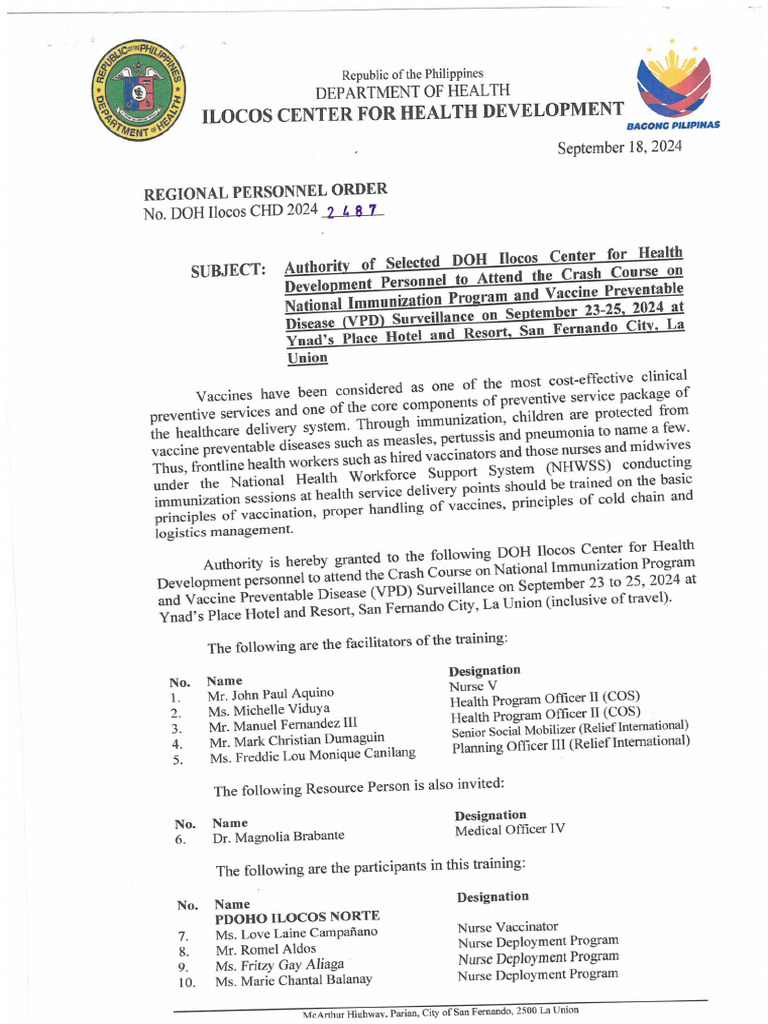 Regional Personnel Order No. Doh Ilocos Chd 2024 2487 | PDF